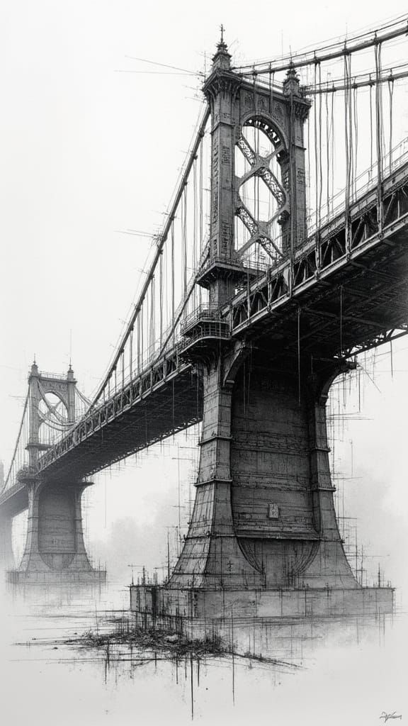 Abstract industrial iron bridge sci-fi engineering drawing