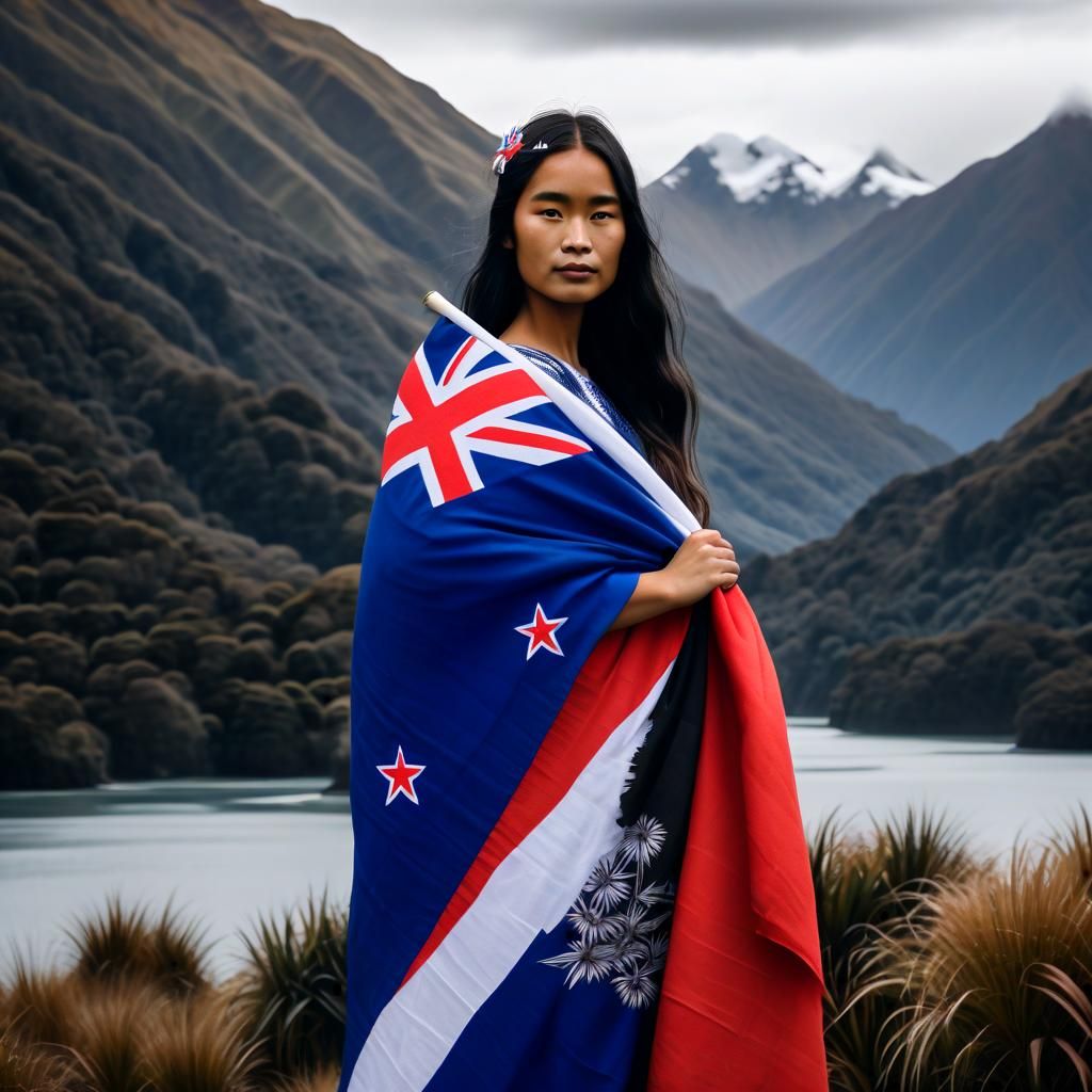 Gaia the goddess dressed in the colors of the NZ Flag Red, white and ...