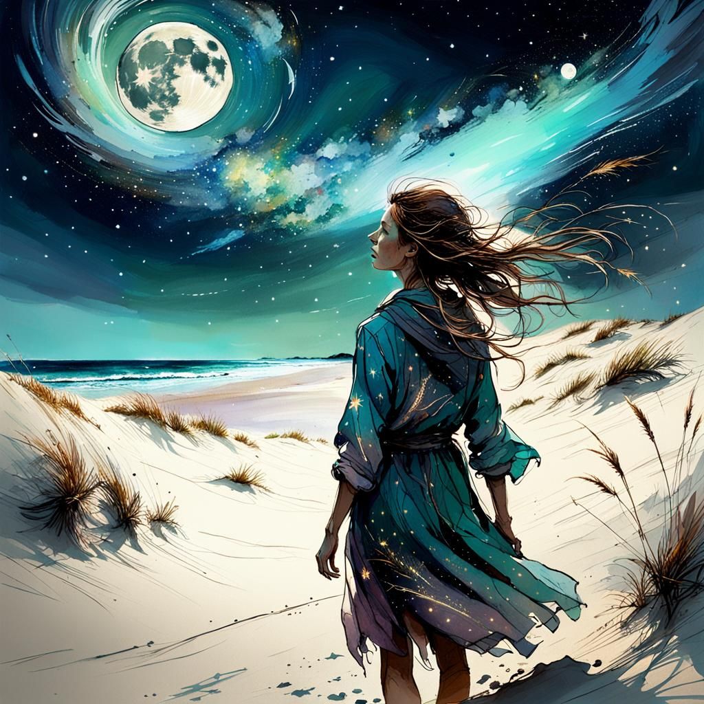 Woman stargazing on a vast beautiful empty windy beach, stars, moon ...