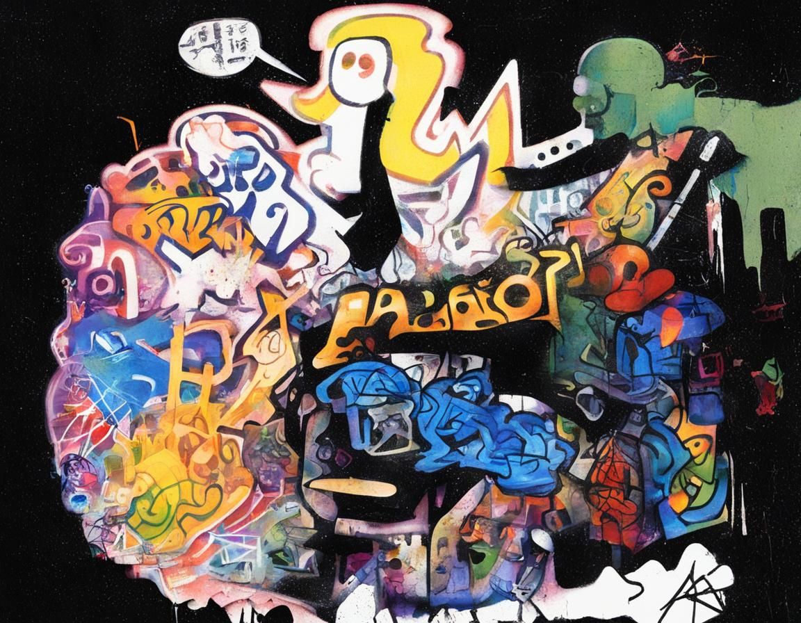 A cluttered psychedelic dream of a graffiti-artist of sprayed tags and ...