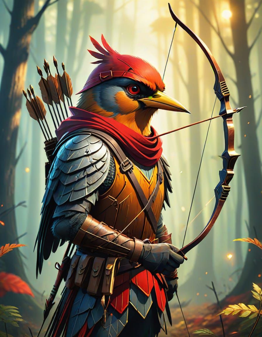 Red Robin Hood Bird in Misty Forest - AI Art