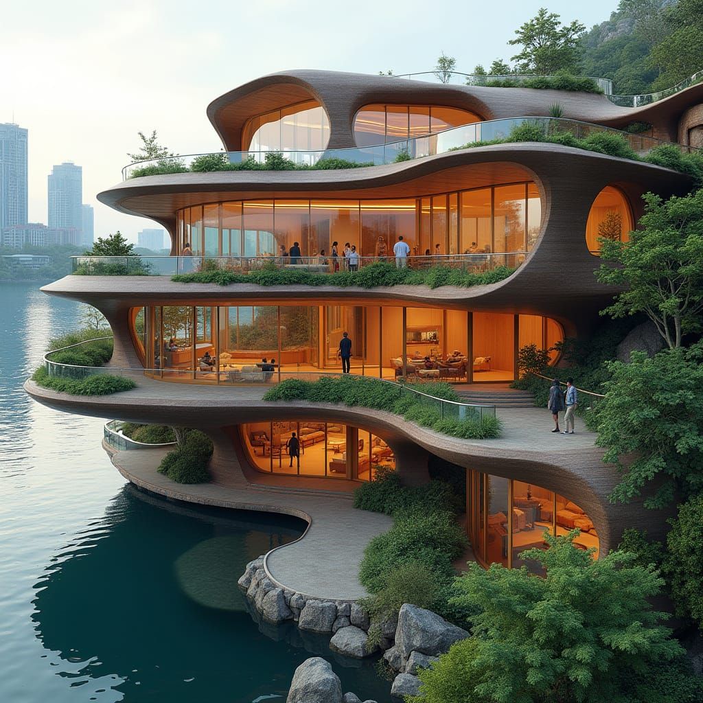 Organic Wave Building in Laminated Timber and Glas... - AI Art