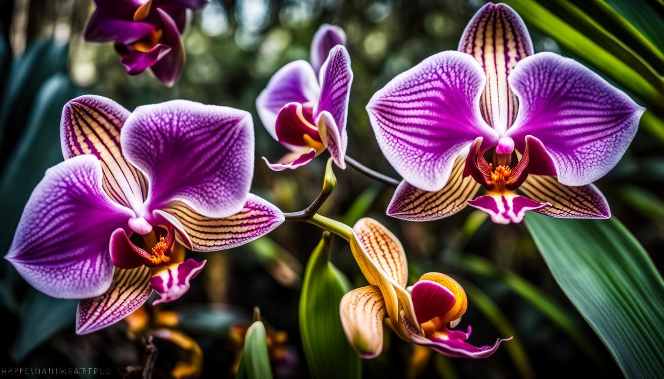 An exotic garden full of colorful orchids with unique shapes and ...