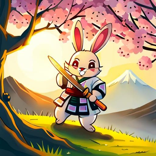 A cute and fluffy Samurai bunny holding a sword practicing martial arts ...