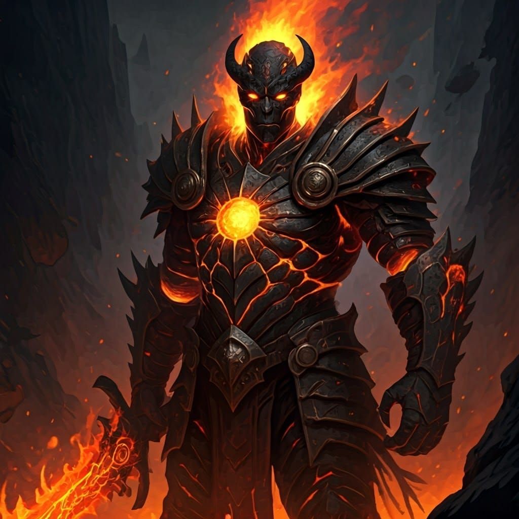 Fire creature - Fiery Elemental Lord in Radiant, Molten Armo...