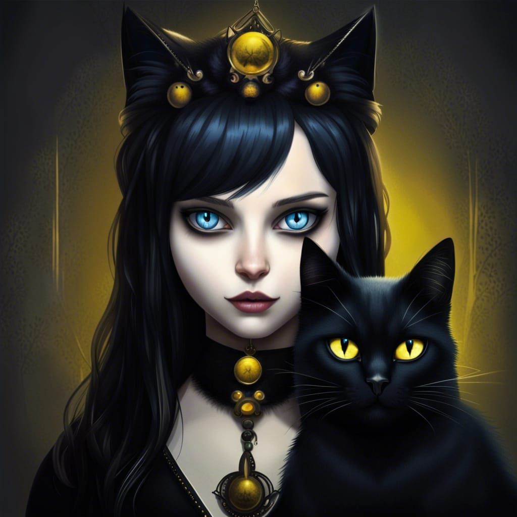 a cat gothic girl with blue eyes and black hair whith a black cat and ...
