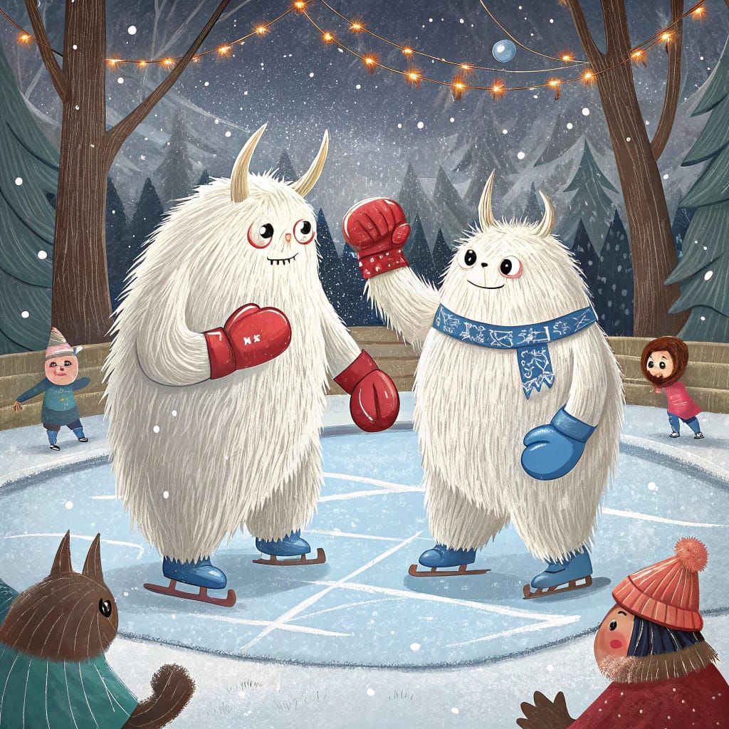 Two snow monsters boxing in and ice rink, woodland creatures as spectators