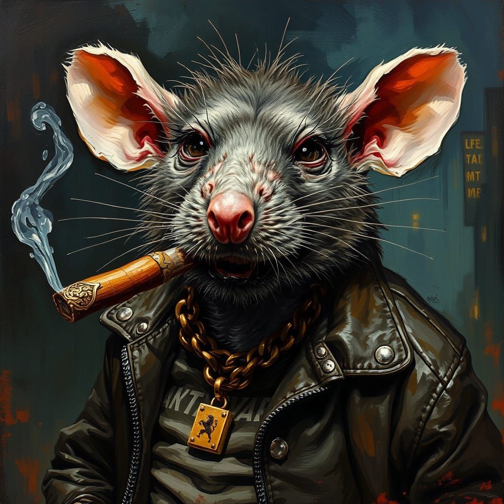 Gangster Rat Smoking Cigar: Impasto Oil Painting - AI Art