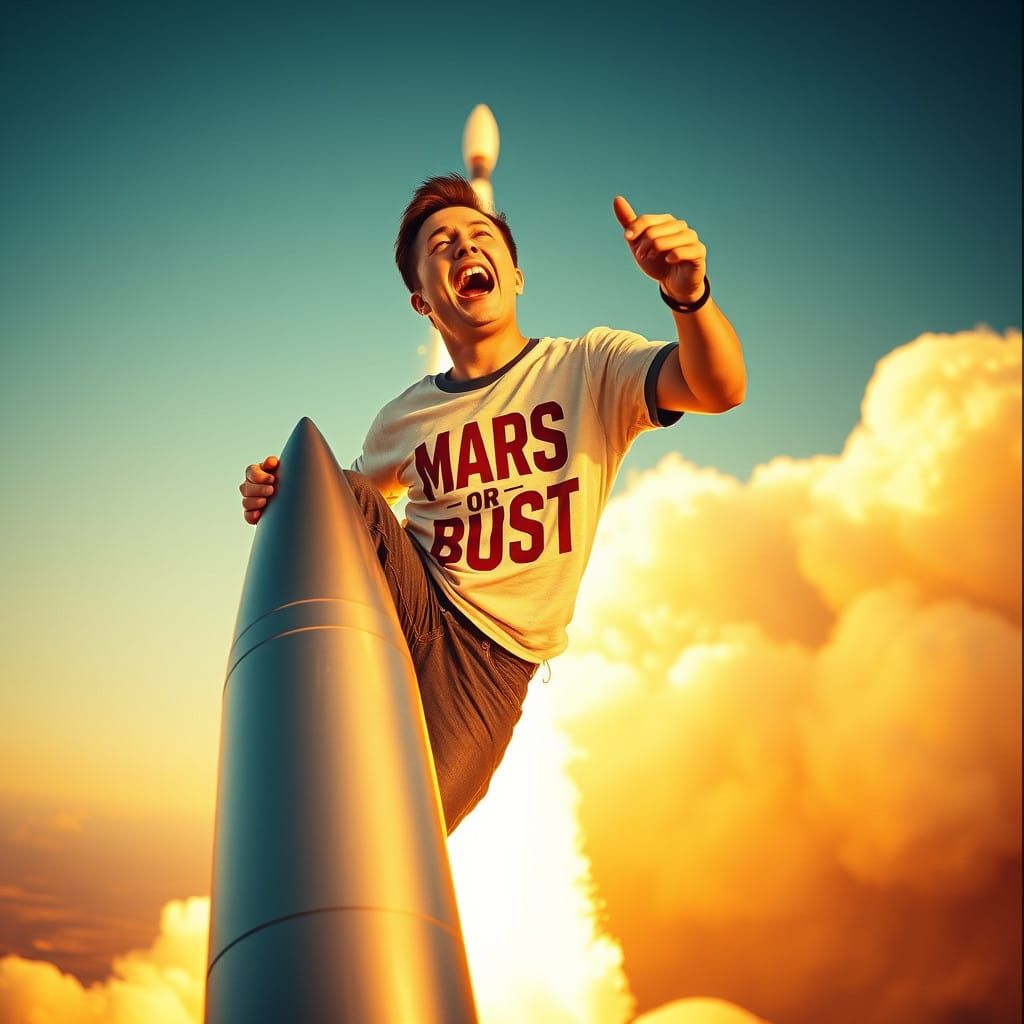 Elon musk is clings to the tip of a rocket as it takes of he screams ...