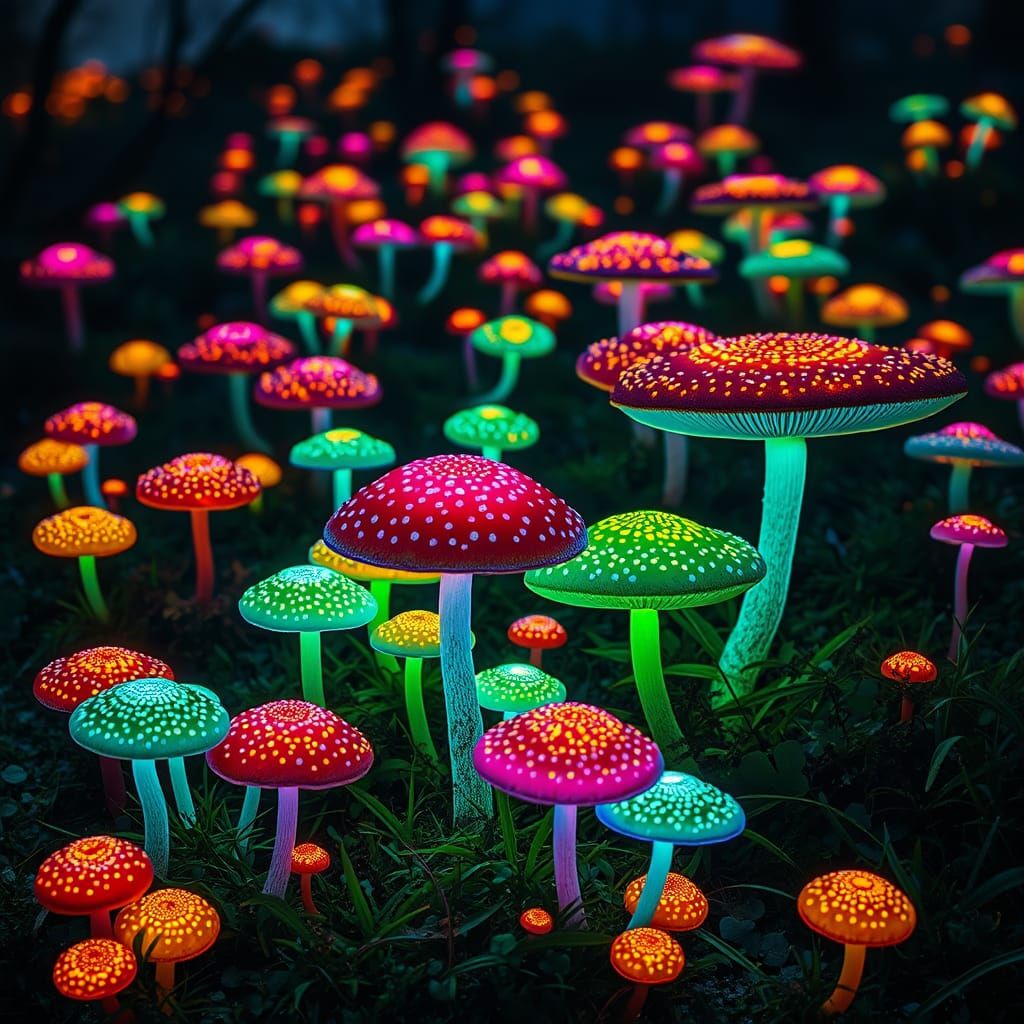 Magic Mushrooms - Vibrant Bioluminescent Mushrooms in a Pri...