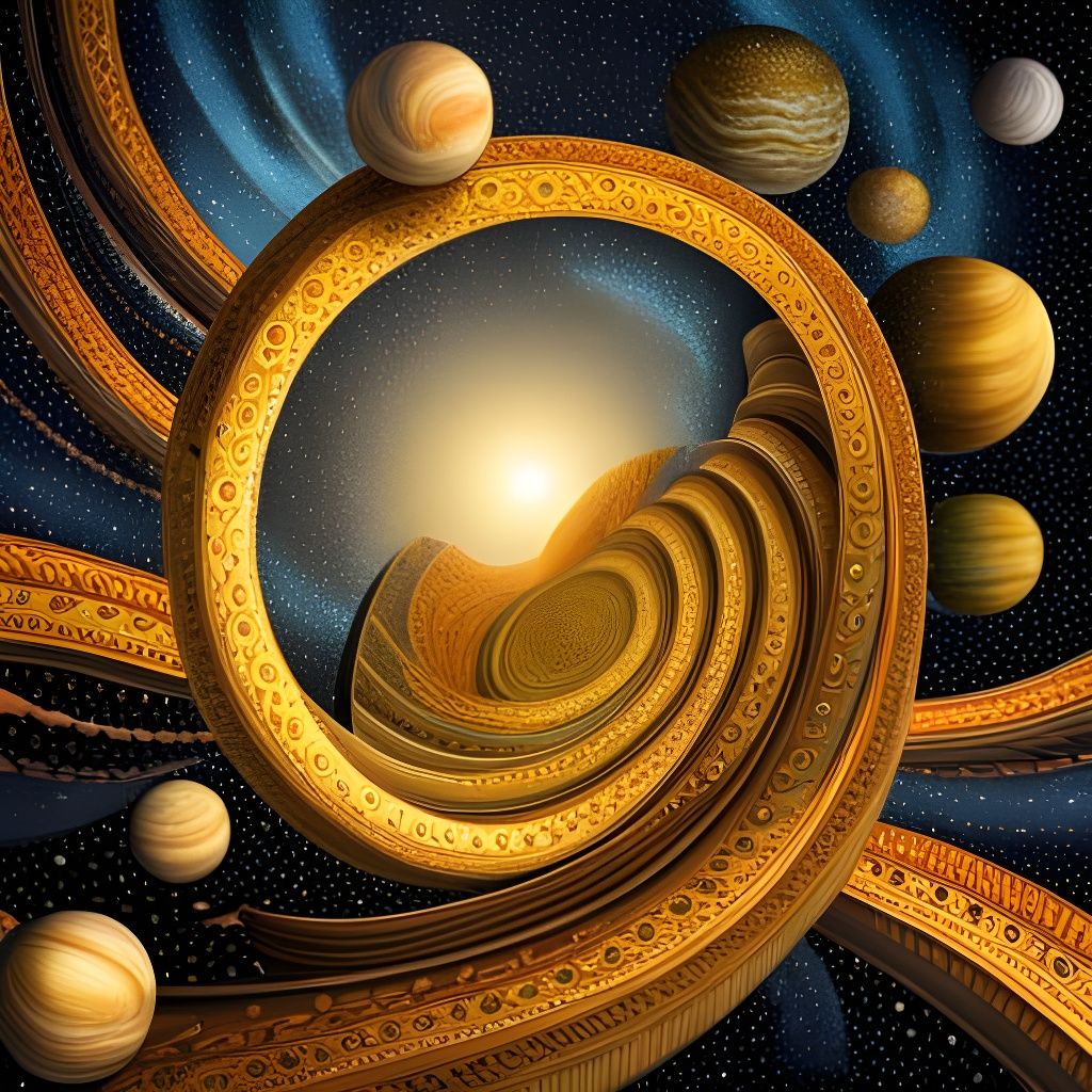 beautifully gold patterned planets swirling through space between ...