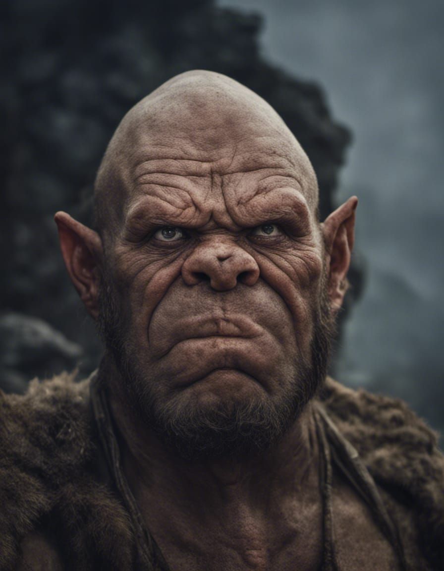rough looking ogre, angry, tusks no hair, close set eyes, detail ...