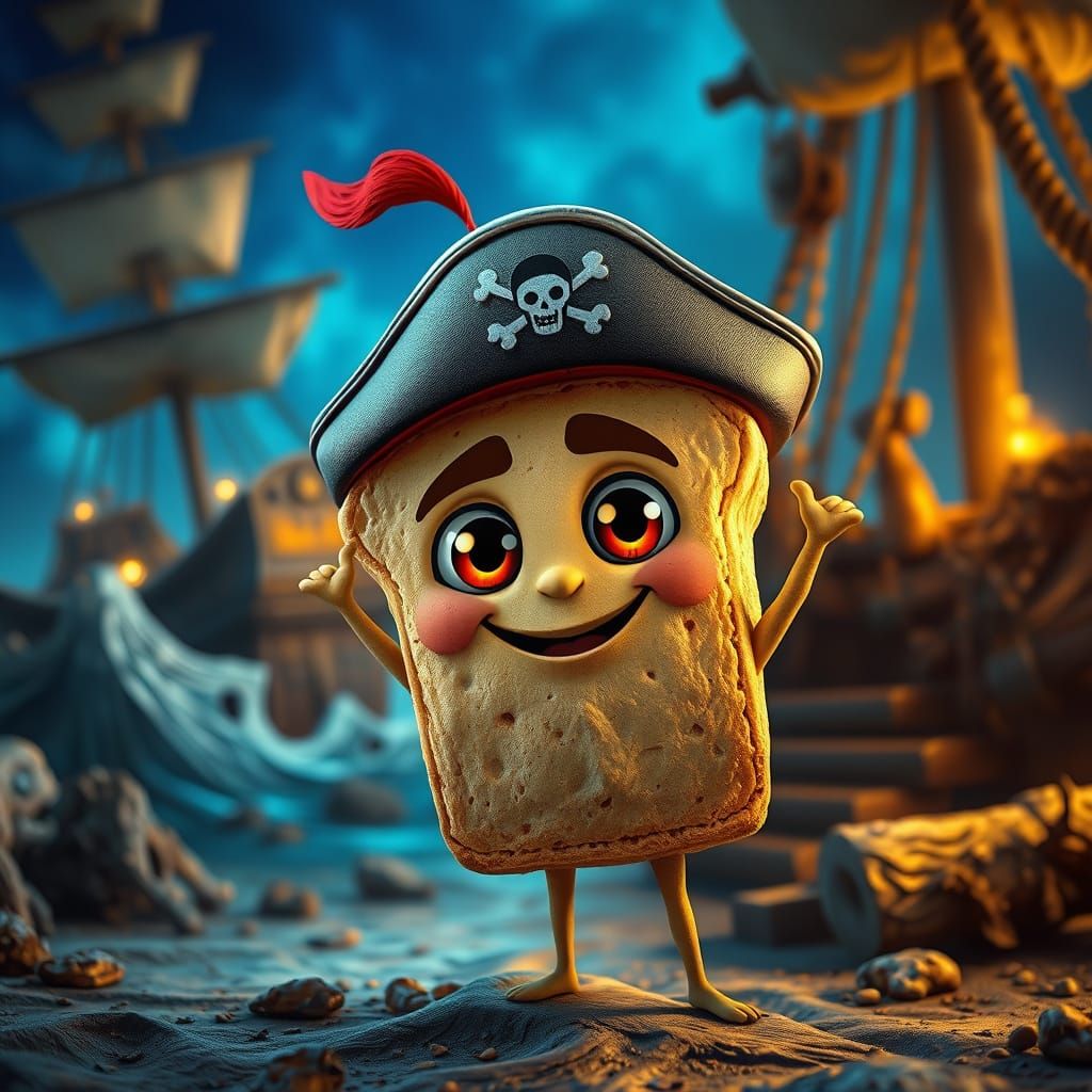Vibrant Bread Pirate Hero in Dreamlike Shipwreck - AI Art