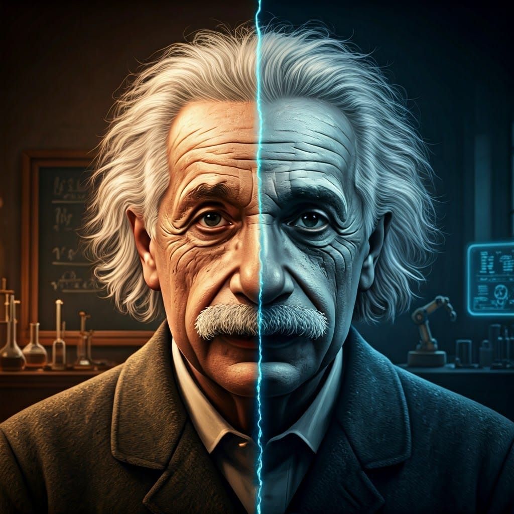 A hyper-realistic portrait of Albert Einstein, styled as if ...
