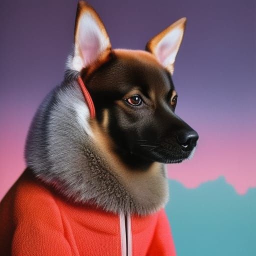 realistic dog wearing unique clothing, set against a dreamlike and ...