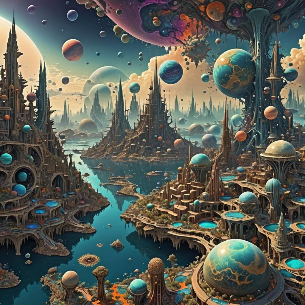 surreal fractal dreamscape chromatic alien city ocean planet, a ...
