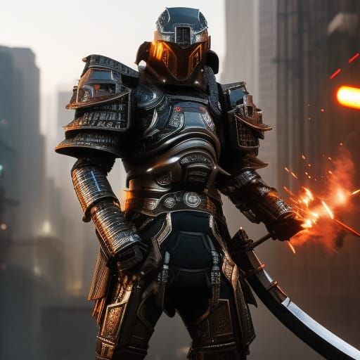 photorealistic heavily armored sci-fi techno-samurai cyborg in ...