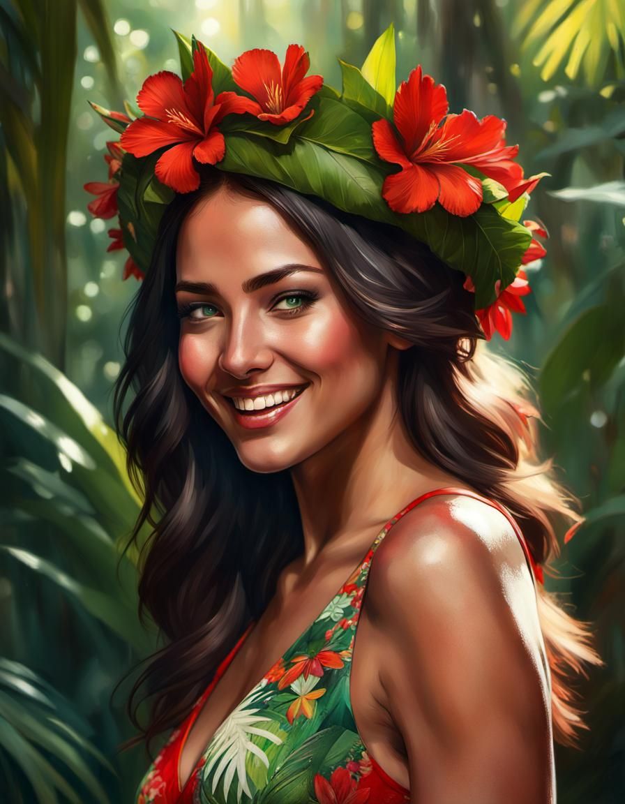 Pretty smiling Creole in the jungle - AI Generated Artwork - NightCafe Creator