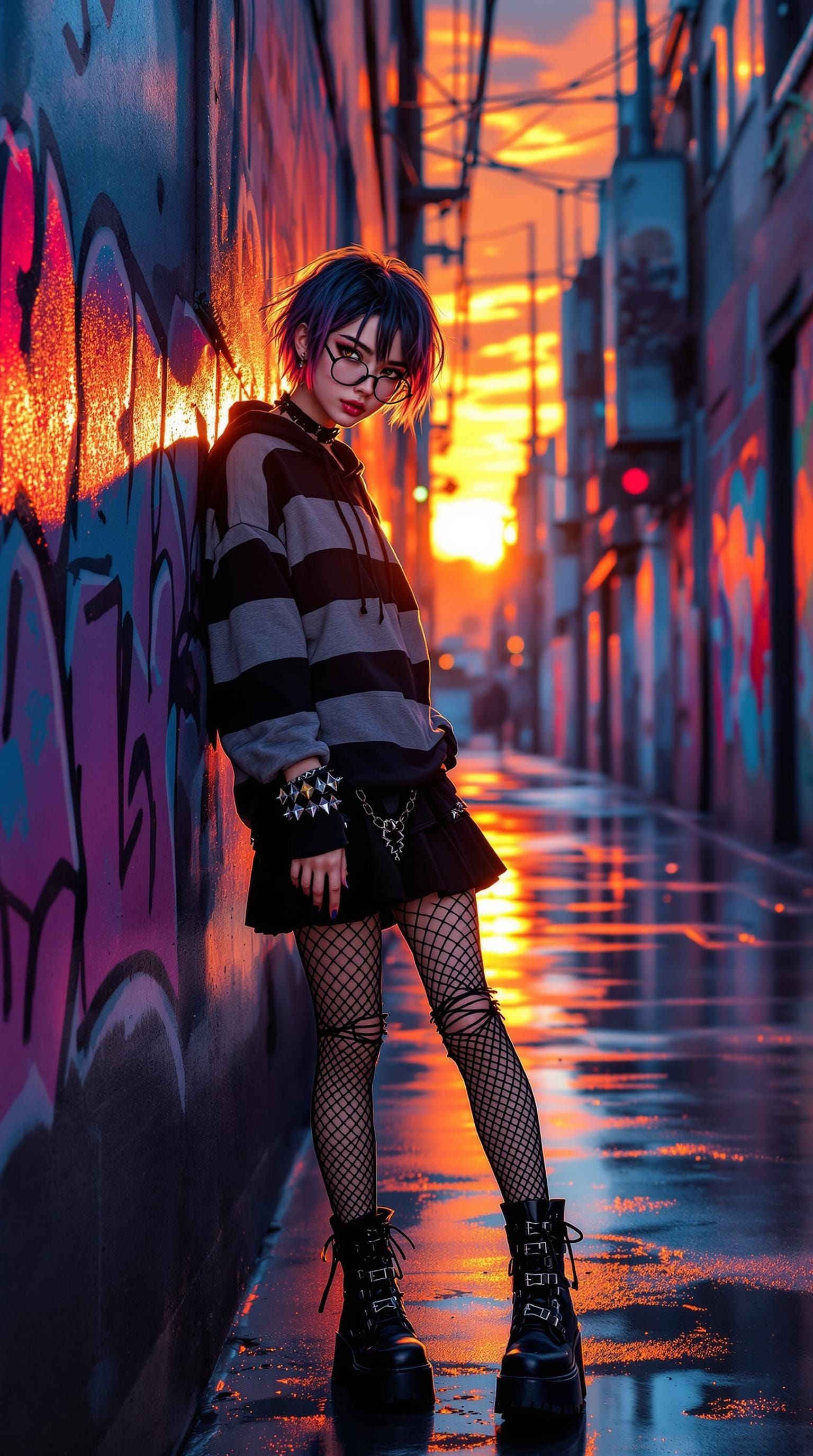 Grunge-Inspired Asian Emo Woman in Urban Alleyway