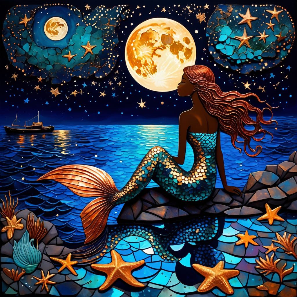 The moon, young mermaid on the sea of stars, painting dreams on the ...