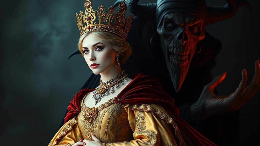 A elegant beautiful queen with the shadow of an evil crone of a witch ...