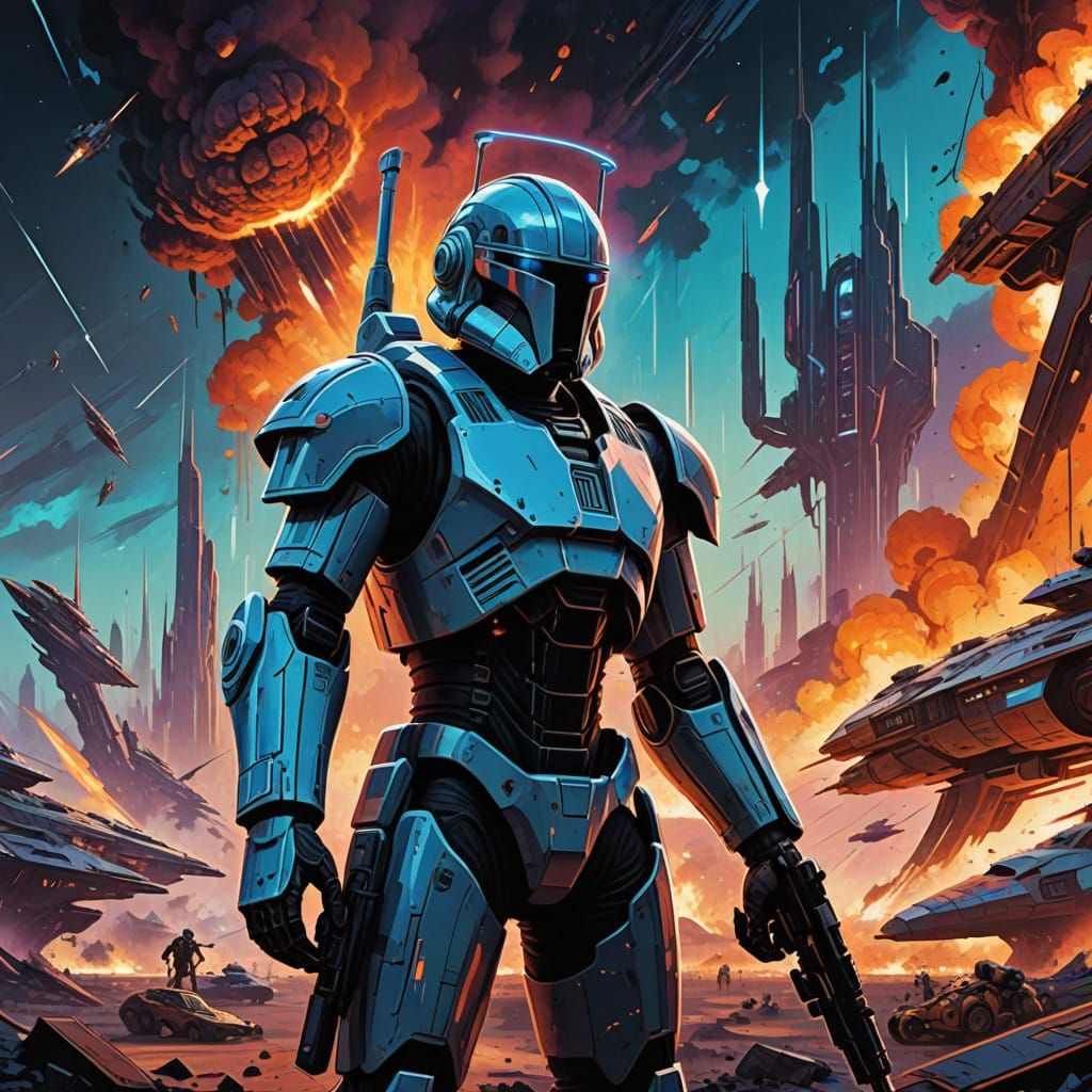 Clone Wars - Gritty, Futuristic Battle Landscape in Neon-Lit...