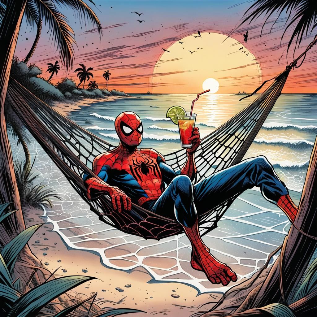 Spider-Man in Web Hammock at the Beach - AI Generated Artwork ...