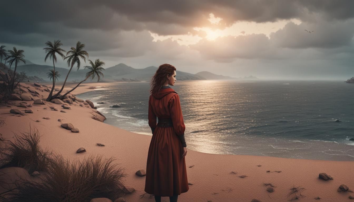 close-up of a woman alone on a desert island looking at the sea in the ...