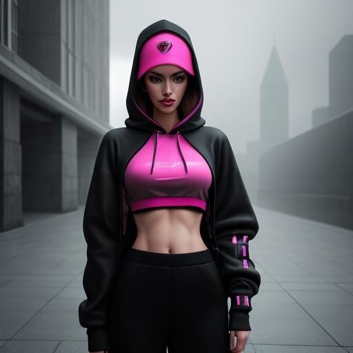 girl, pink hoodie, black cap, midriff, futuristic, whimsical, playful ...