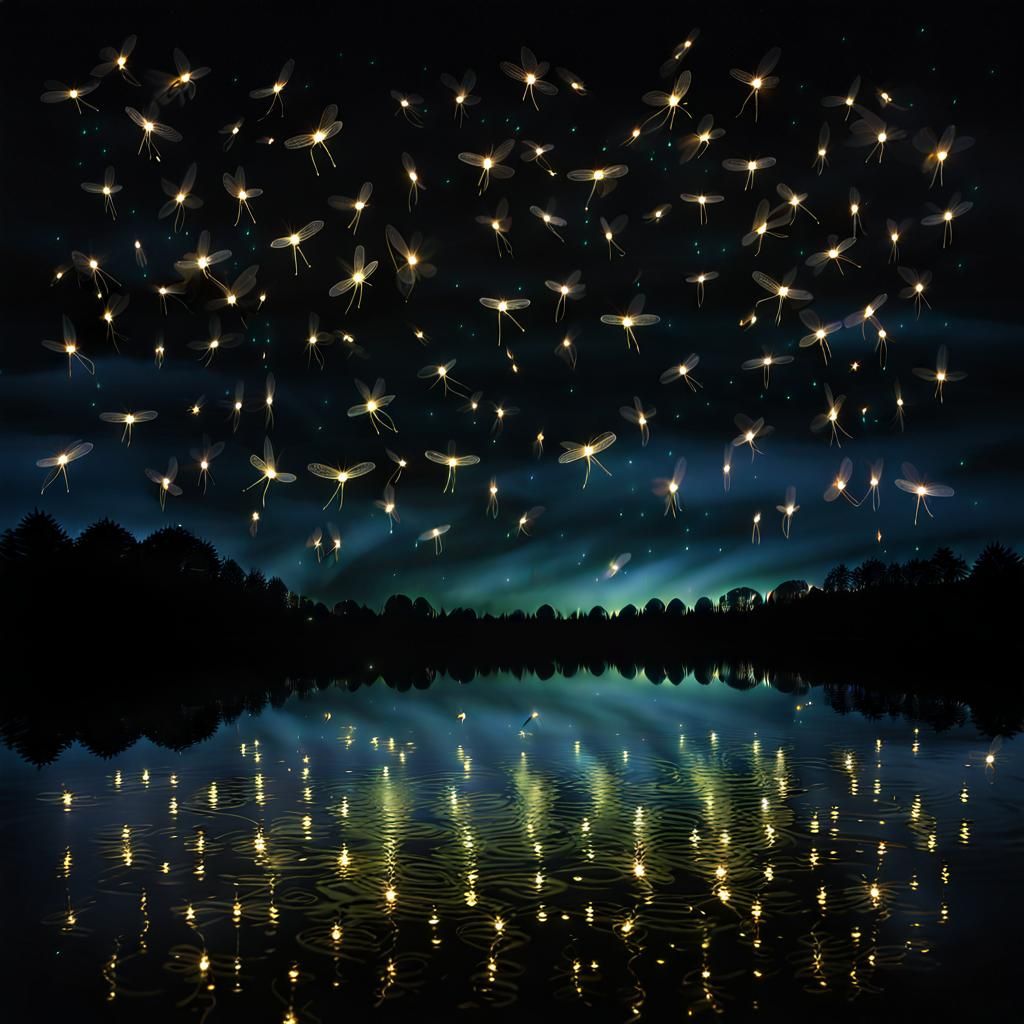 A clear lake with glowing fireflies - AI Generated Artwork - NightCafe ...