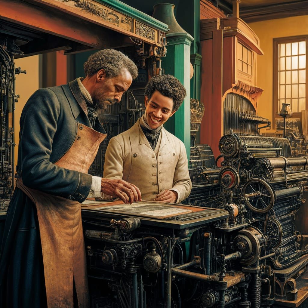 A printer working in his 1830s printing shop teaching his young ...