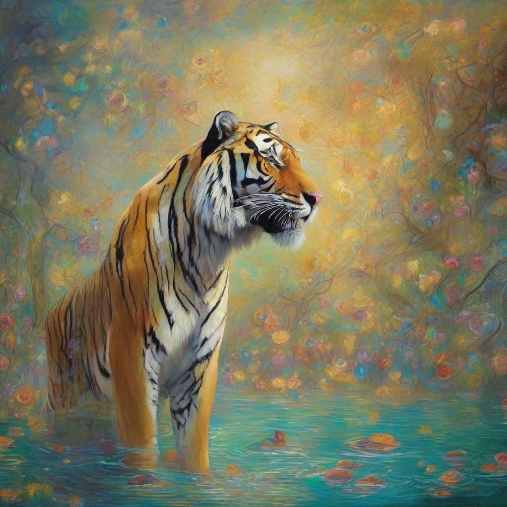 Tiger emerging from lagoon - Majestic Tiger Emerge from Turq...