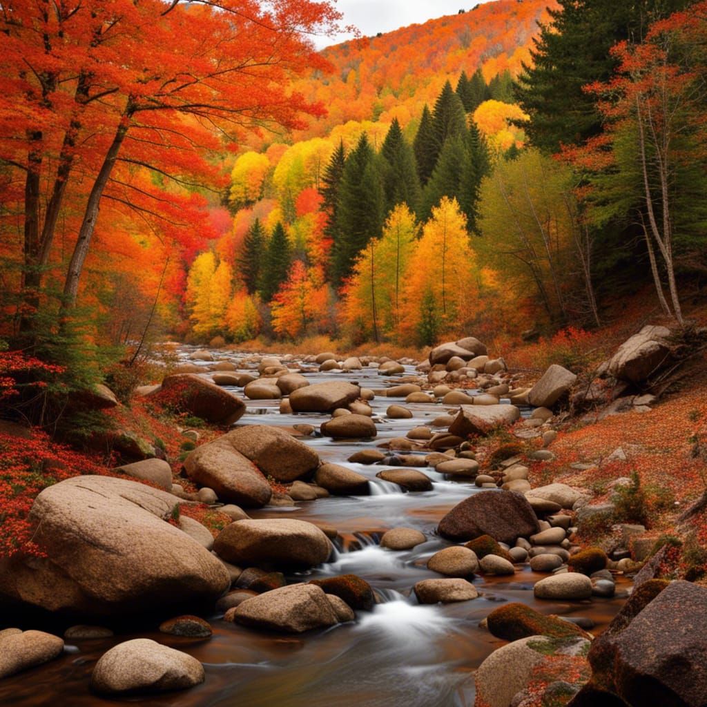 Fall foliage, mountains, trees, creek, high definition - AI Generated ...