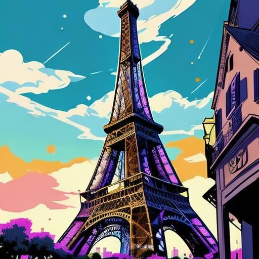 The eiffel tower in Paris, inkpunk, anime, 2d vector, vibrant bright ...