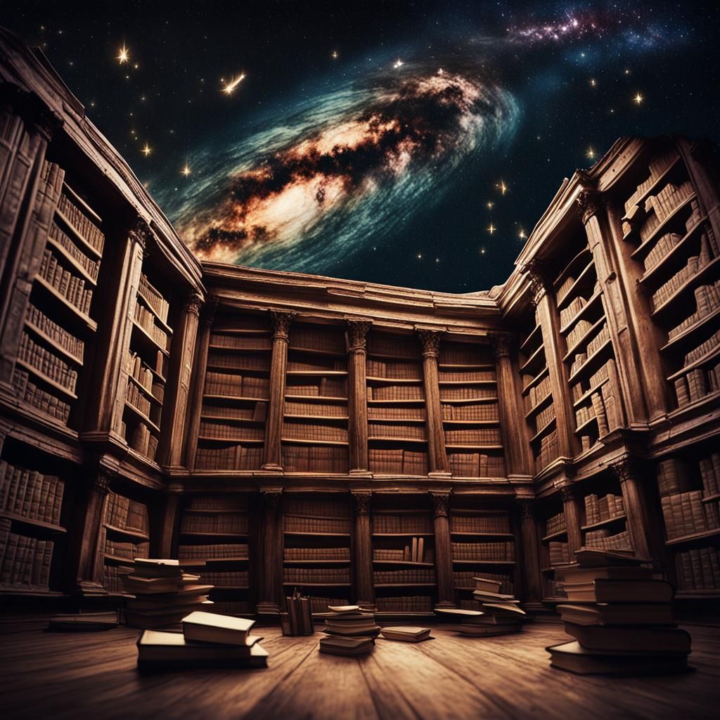Ancient chunk of a library floating through outerspace, books drifting ...