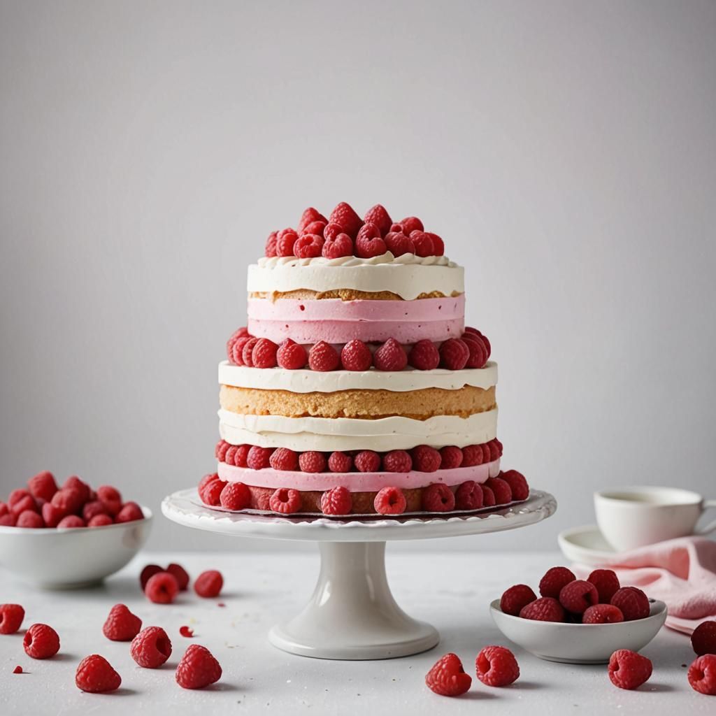 cake with pink to white gradient frosting, topped with raspberries. The ...