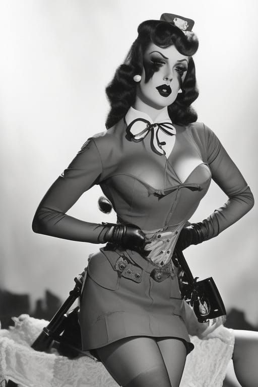 beautiful sinister gothic pin up woman in the style of gil elvgren, 1940s army girl, uniform ...
