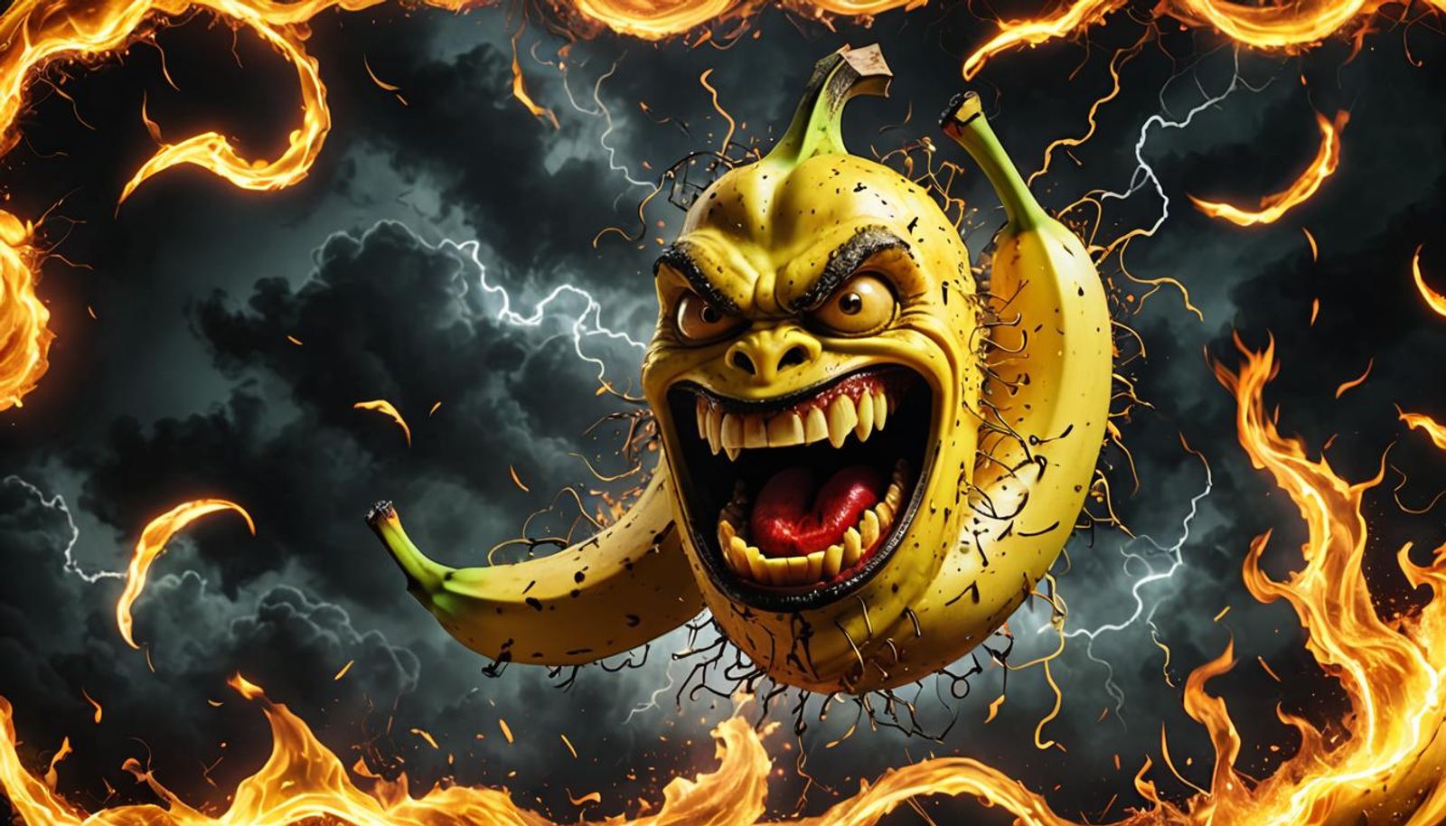 demonic banana with a evil face realistic fire lightning - AI Generated Artwork - NightCafe Creator
