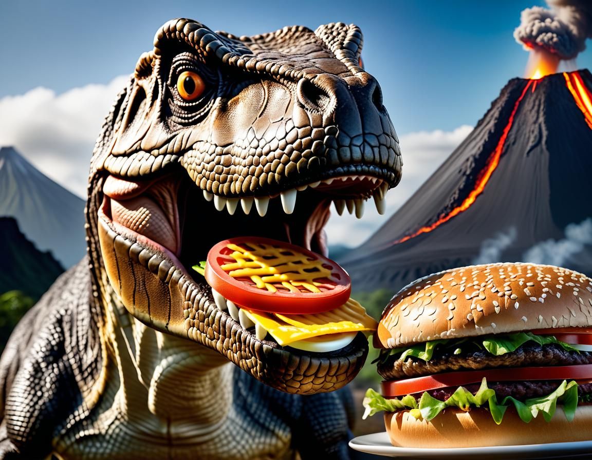 Close-up photography of a Trex holding a giant burger in his mouth ...