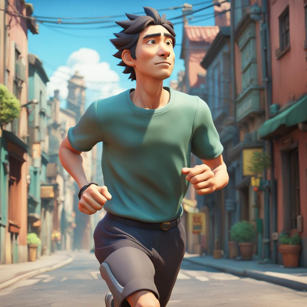 Close up Side view of a man running close by along a street Studio ...