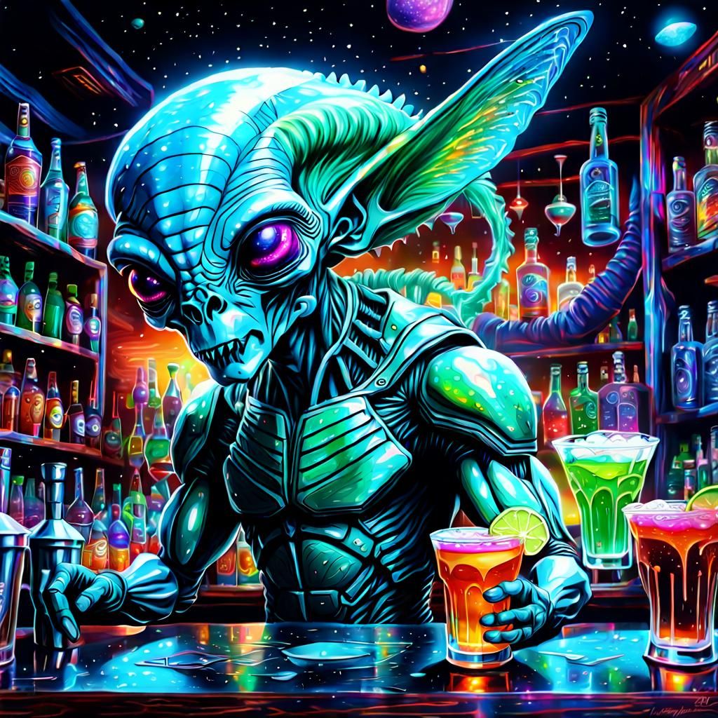 A Bartender (2.0), serving a bunch of Aliens drinks. - AI Generated ...