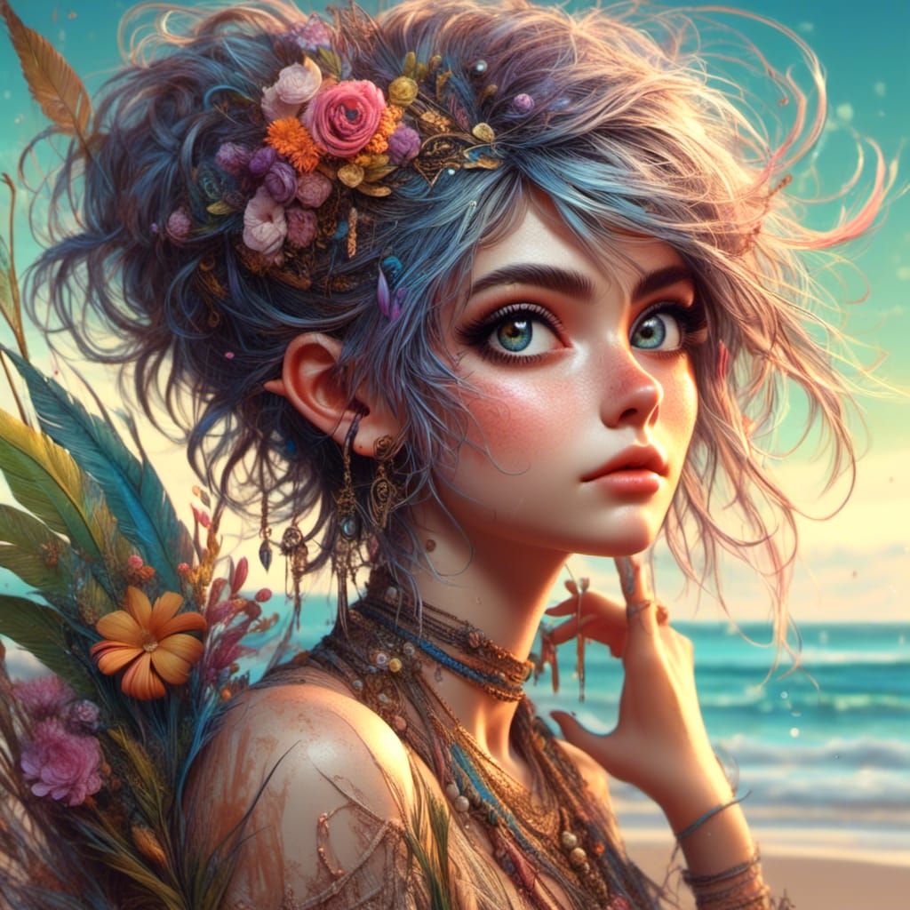 Pixie girl - Vibrant Pixie Girl Drawing a Heart in the Sand