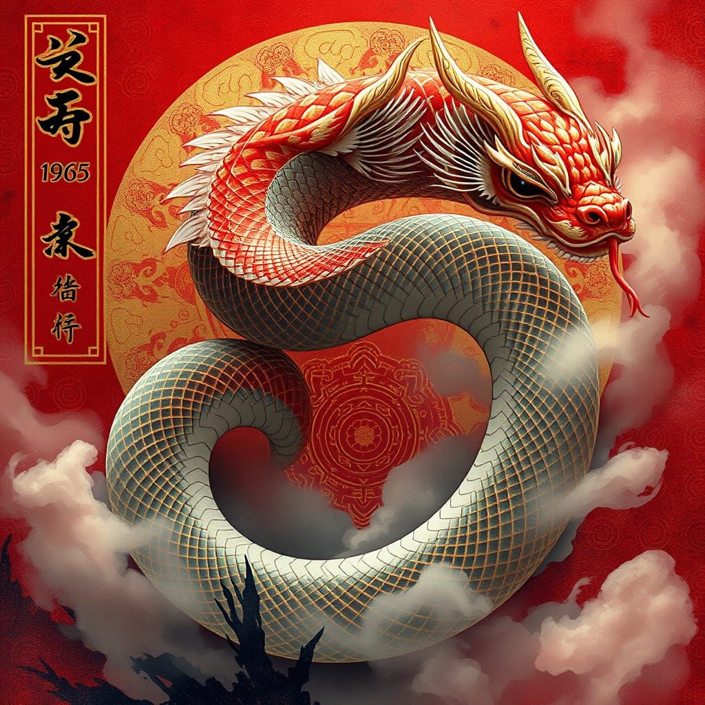 a Chinese rendering of the years of the snake, the years of 1965 and 2025