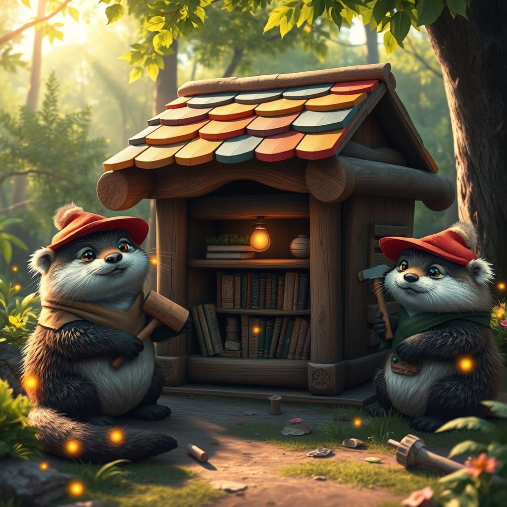 Furry Otters Build Whimsical Summer Camp Library - AI Art