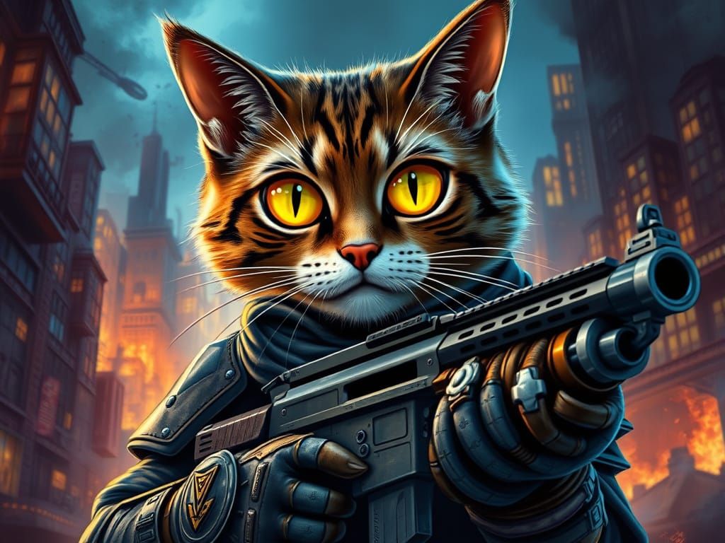 Atompunk Cat Soldier in Post-apocalyptic City