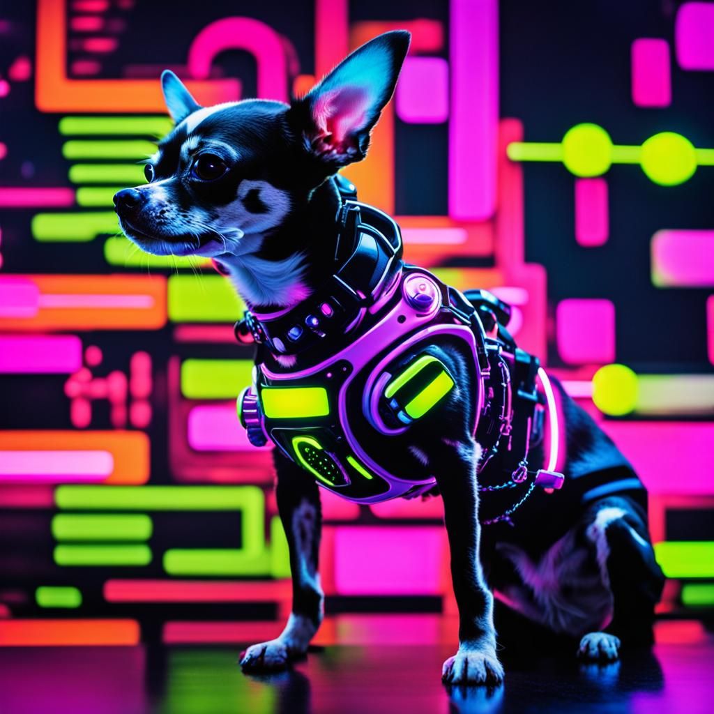 Cyborg chihuahua dog wearing cyborg parts, dark and neon Tokyo photo ...