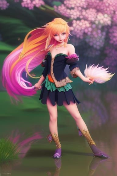 Centered_Full body portrait youthful short girl long flowing peach-blonde turning into magenta ...