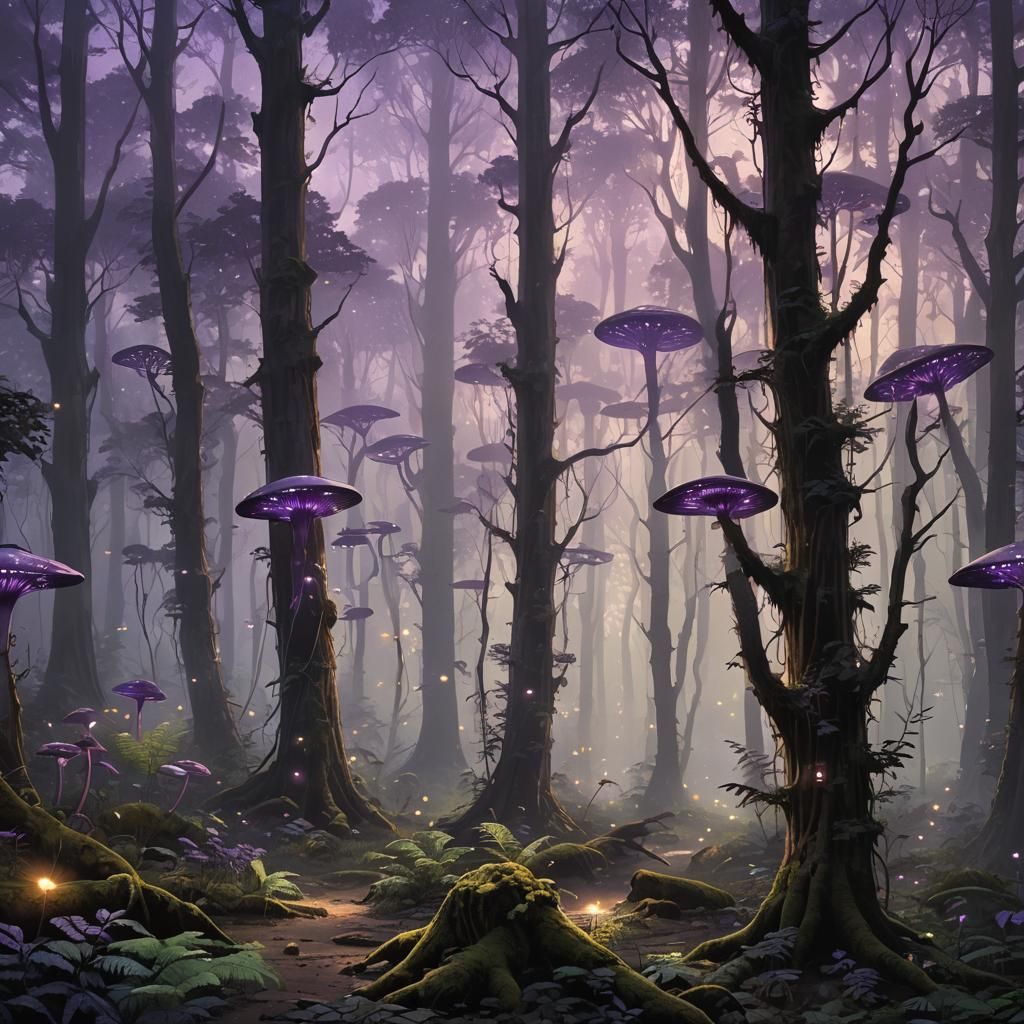 UFO landing in forest purple hue - AI Generated Artwork - NightCafe Creator