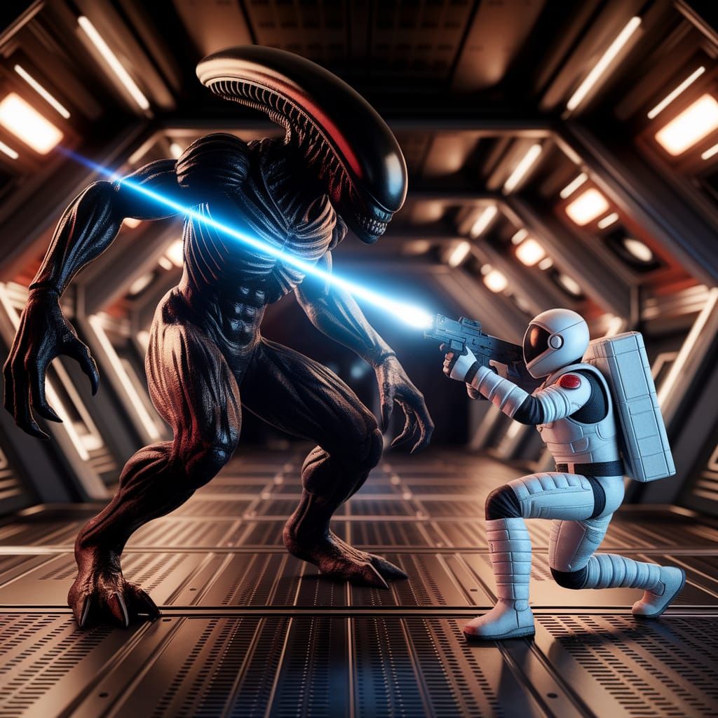 Menacing Alien Battles Astronaut on Futuristic Spa... - AI Art