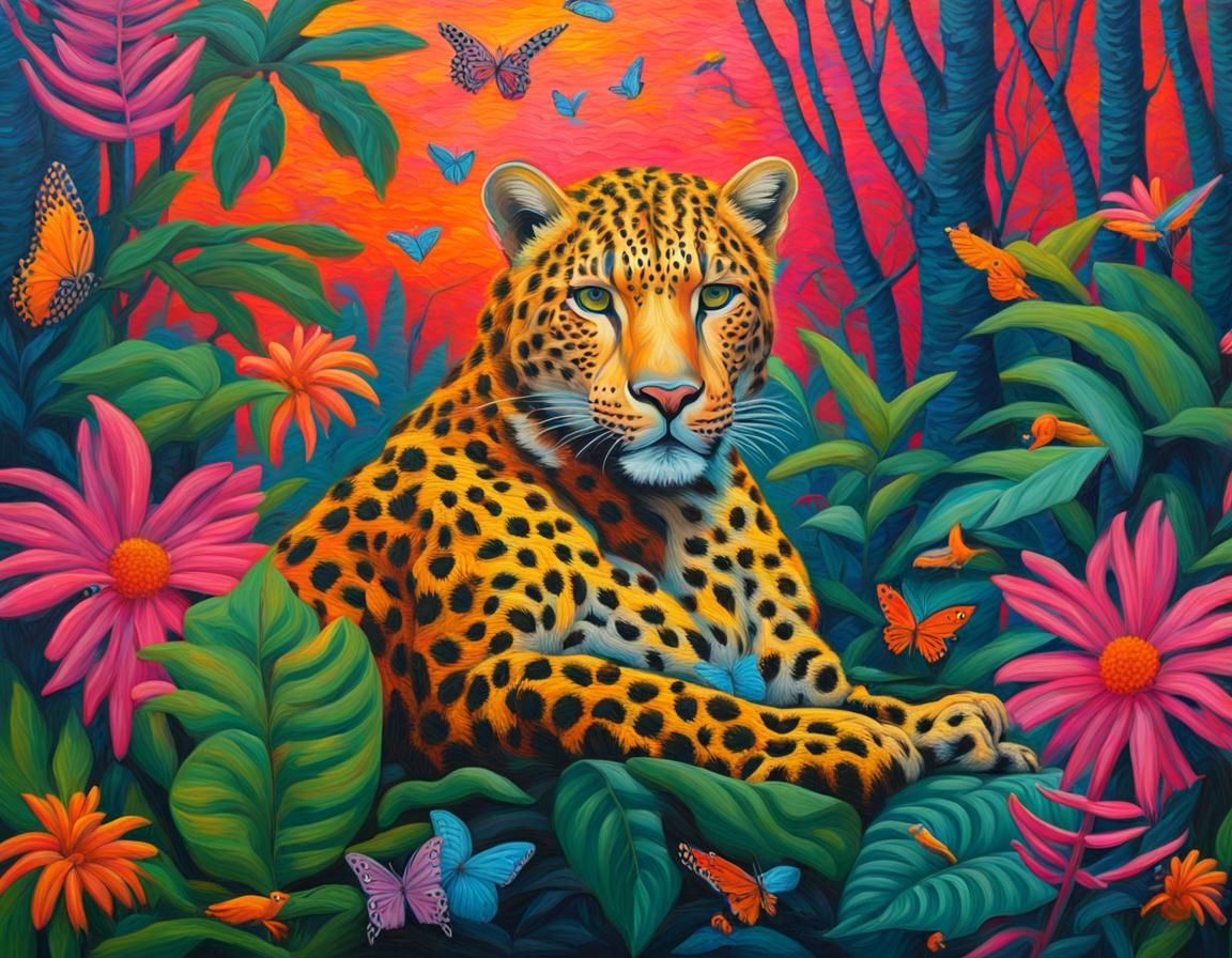 jungle pattern with leopards, birds, and butterflies in the style of ...